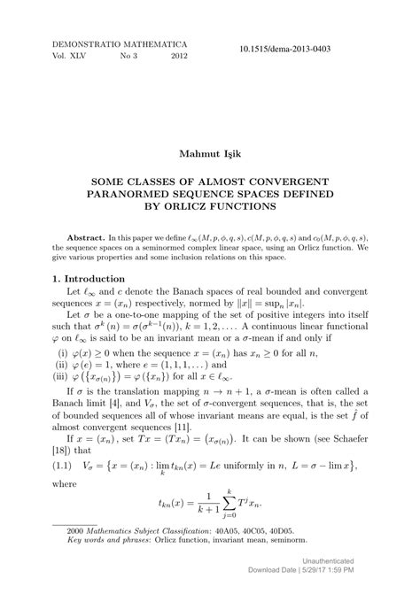 Pdf Some Classes Of Almost Convergent Paranormed Sequence Spaces Defined By Orlicz Functions