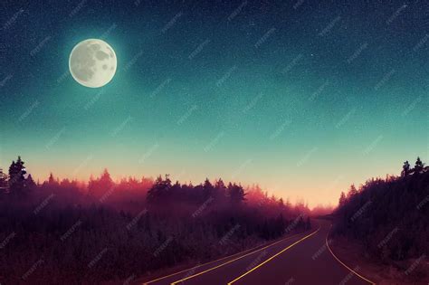 Paisaje Nocturno Con Camino De árboles Forestales Y Campo Bajo La Luna