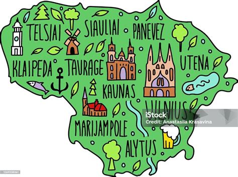 컬러 핸드 그린 낙서 리투아니아지도 리투아니아 어 도시 이름 레터링 및 만화 랜드 마크 관광 명소 클립 아트 여행 배너 컨셉 디자인 빌뉴스 자궁 클라이페다 앙코르