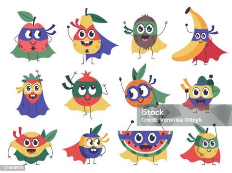 슈퍼 히어로 과일 귀여운 재미 슈퍼 히어로 과일 문자 용감한 바나나 딸기와 레몬 마스코트 망토 의상 고립 벡터 아이콘 세트 살구에 대한 스톡 벡터 아트 및 기타 이미지