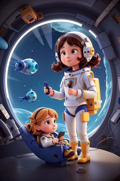 Premium Photo Illustration Of Astronaut Girl And Robot In The Spaceship