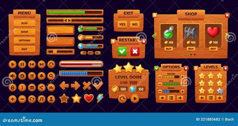 Wooden Game Interface Gui Buttons And Panels Stock Vector Illustration Of Play Star 321885682
