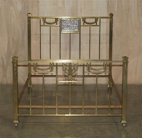 Antique Victorian 1880 Solid Brass Bed Frame With Mother Of Pearl Style Panel For Sale At