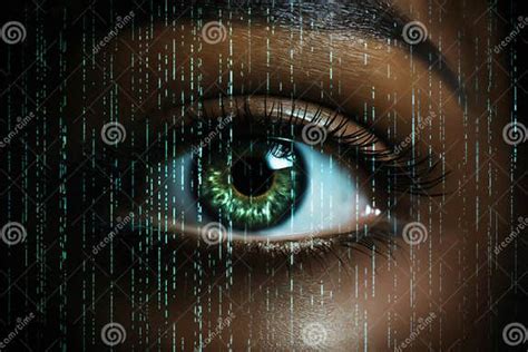 A Woman Eye Closeup With Green Holography Lights Particles Dark