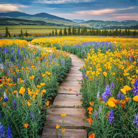 Um Caminho Através De Um Campo De Flores Foto Premium