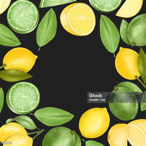 손으로 그린 라임과 레몬의 카드 템플릿 어두운 배경에 그림 둥근 프레임 0명에 대한 스톡 벡터 아트 및 기타 이미지 0명 감귤류 과일 건강한 생활방식 Istock