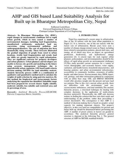 Ahp And Gis Based Land Suitability Analysis For Built Up In Bharatpur Metropolitan City Nepal Pdf