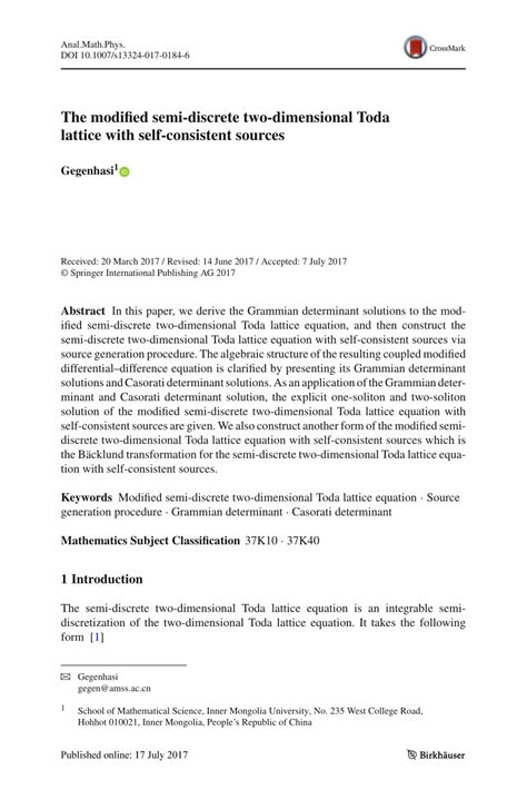Pdf The Modified Semi Discrete Two Dimensional Toda Lattice With Self Consistent Sources
