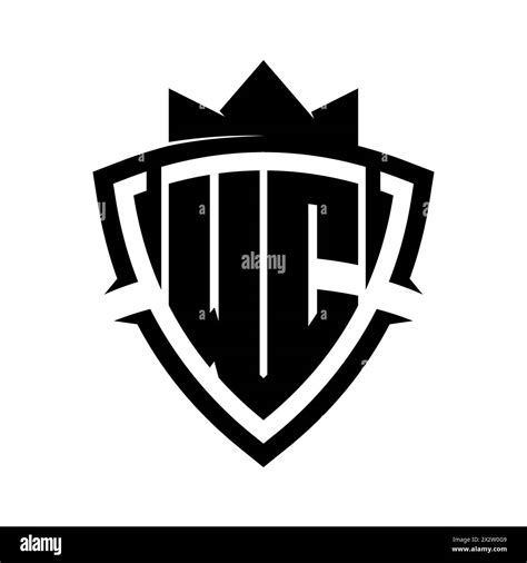 Wc Letter Bold Monogram With Triangle Curve Shield Shape With Crown Black And White Background