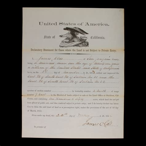 Declaratory Statement Form 2 For Land Settlement 1862 History Hoard