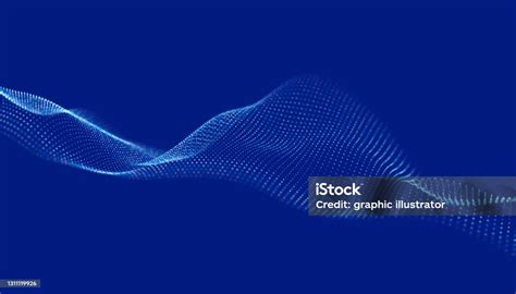 푸른 입자의 물결 추상 기술 흐름 배경 사운드 메쉬 패턴 또는 그리드 풍경 디지털 데이터 구조는 점 요소로 구성됩니다 향후 벡터 그림입니다 0명에 대한 스톡 벡터 아트 및