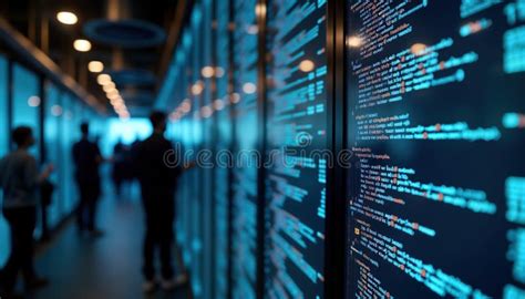 Modern Data Center At Night People Working On Systems Tech Machine