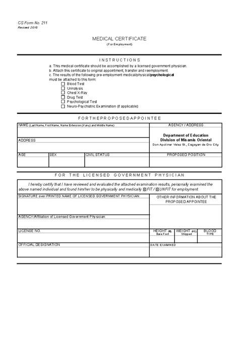 Cs Form No Practice Materials Cs Form No 211 Revised 2018 Medical Certificate For