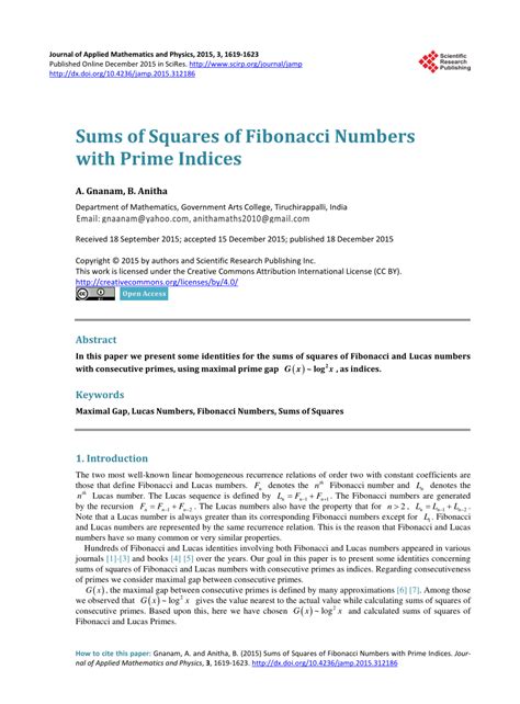 Pdf Sums Of Squares Of Fibonacci Numbers With Prime Indices