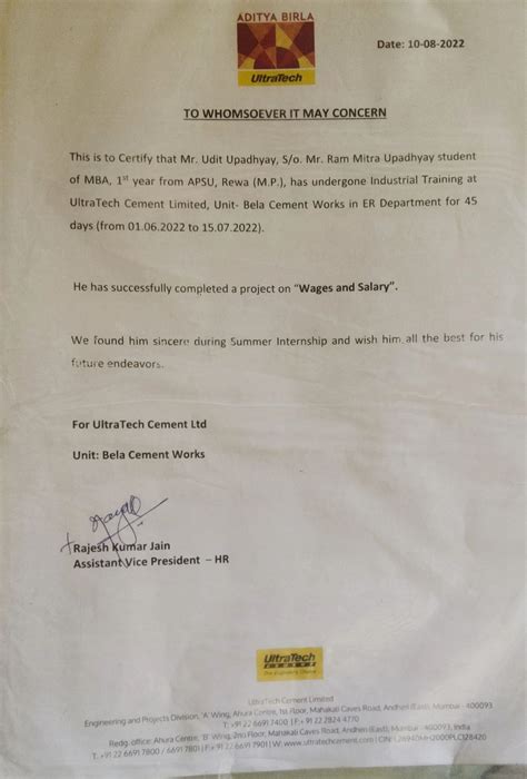 Udit Ku Upadhyay On Linkedin Ultratechcementadityabirlagroup Intershipcertificate