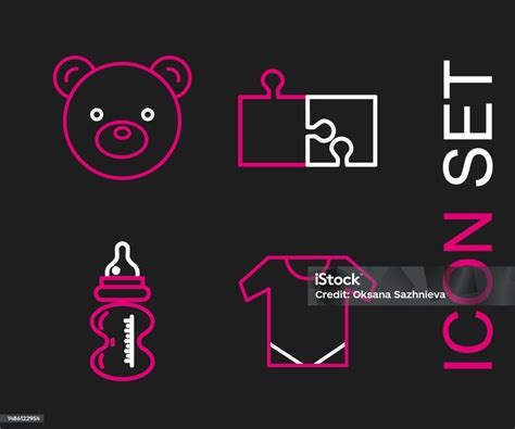 세트 라인 아기 Onesie 병 퍼즐 조각 및 테디 베어 봉제 장난감 아이콘 벡터 0명에 대한 스톡 벡터 아트 및 기타 이미지 0명 개념 건강한 생활방식 Istock