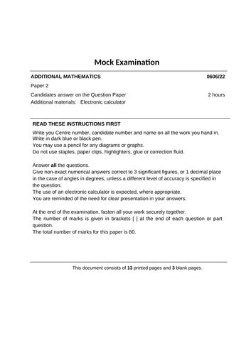 Mock Exam Igcse Additional Maths 0606 Paper 1 And 2 Teaching Resources
