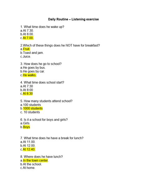 Daily Routine Listening Exercise Pdf