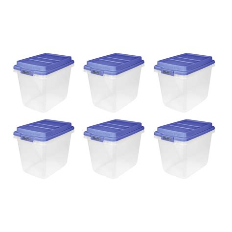Hefty 32 Qt Clear Plastic Storage Bin With Blue Hi Rise Lid 6 Pack