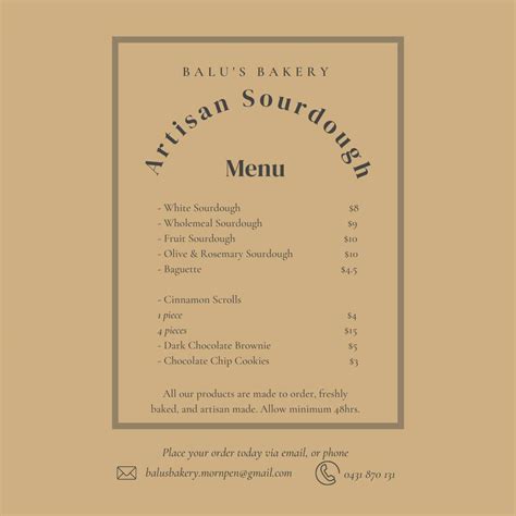 Menu At Balus Bakery Australia