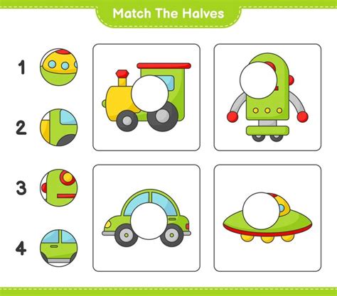 기차 로봇 캐릭터 자동차와 Ufo 교육용 어린이 게임의 반쪽 일치 프리미엄 벡터