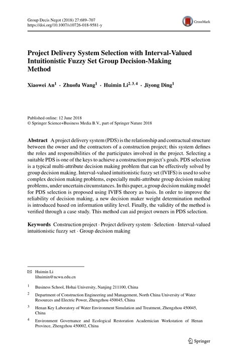 Pdf Project Delivery System Selection With Interval Valued Intuitionistic Fuzzy Set Group