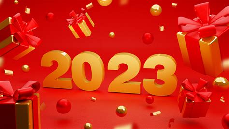 2023년 새해 복 많이 받으세요 현실적인 선물 상자 황금 금속 번호입니다 3d는 금색 금속 기호와 텍스트 문자를 렌더링합니다 파티 2023을 축하합니다 크리스마스 포스터