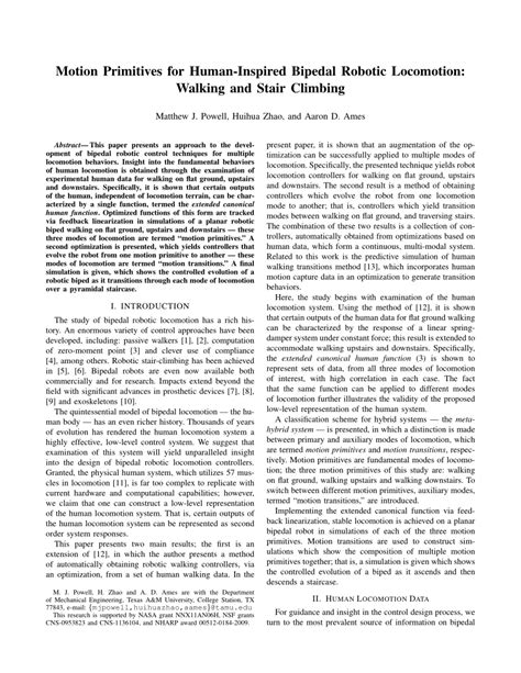 Pdf Motion Primitives For Human Inspired Bipedal Robotic Locomotion