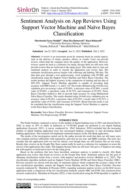 pdf sentiment analysis on app reviews using support vector machine and naïve bayes classification