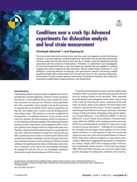 Pdf Conditions Near A Crack Tip Advanced Experiments For Dislocation Analysis And Local