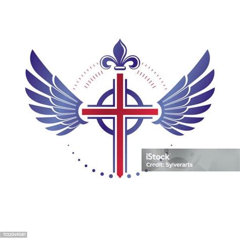 기독교의 십자가 새 날개와 로얄 릴리 꽃으로 구성 된 종교 엠 블 럼 무기 장식 기호 고립 된 벡터 일러스트 레이 션의 전 령
