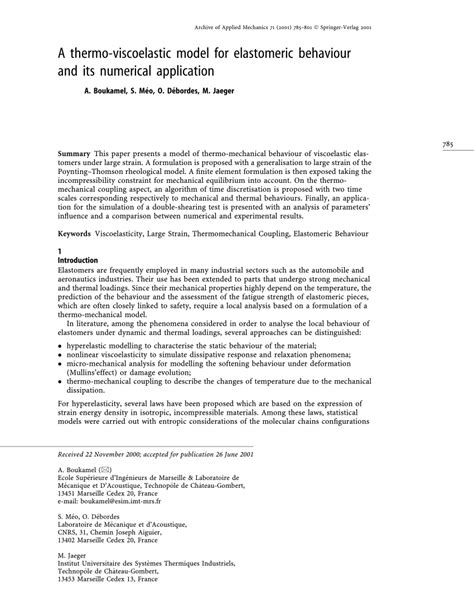 Pdf A Thermo Viscoelastic Model For Elastomeric Behaviour And Numerical Application