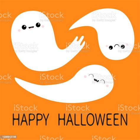 3 유령 정신 집합 비행 즐거운 할로윈 보내세요 무서운 백색 유령 가족입니다 귀여운 만화 유령 문자입니다 미소 얼굴 뺨 오렌지 배경입니다 인사말 카드 격리입니다 평면