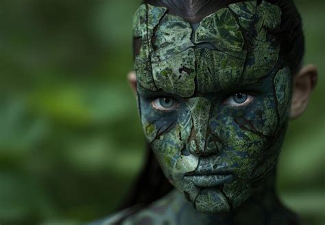 Camouflaged Face With Intense Eyes Premium Ai Generated Image