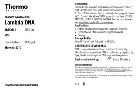 Lambda Dna Ug Product Information Lambda Dna Sd0011 500 μg Lot Concentration 0 μg μl