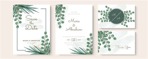 결혼 초대 수채화 현대 스타일 감사합니다 날짜를 저장합니다 꽃 무늬 녹색 수채화 잎 단풍 녹지 장식 프레임 프린트 벡터 우아한 인사말 카드 엽서 초대 감사합니다에 대한 스톡