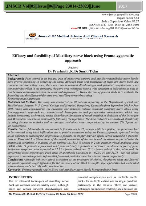 Pdf Efficacy And Feasibility Of Maxillary Nerve Block Using Fronto Zygomatic Approach