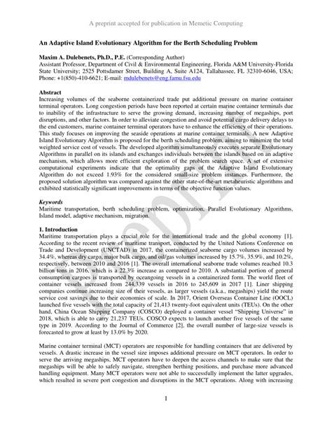 Pdf An Adaptive Island Evolutionary Algorithm For The Berth