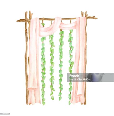수채화 나무 웨딩 아치 매달려 아이비 잎 화환과 파스텔 커튼 흰색으로 분리 된 손으로 그린 나무 아치 보호 웨딩 장식 초대를위한 소박한 장식 날짜를 저장합니다 가지 식물