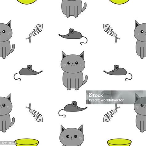 귀여운 회색 만화 고양이입니다 그릇 생선 뼈 마우스 장난감입니다 웃 긴 웃는 캐릭터 고립 된 윤곽선입니다 원활한 패턴 화이트 배경입니다 평면 디자인입니다 가축에 대한 스톡