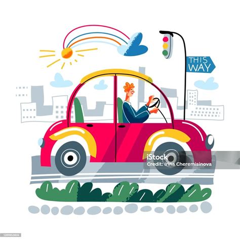 도로에서 자동차를 운전하는 남자 차량을 타고 있는 사업가 현대 도시 벡터 일러스트레이션에서 교통 및 여행 측면 보기 구름이있는 건물과 하늘배경 거리에 대한 스톡 벡터 아트