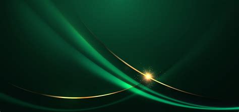 Abstract 3d Gold Curved Green Ribbon On Dark Green Background With Lighting Effect And Sparkle