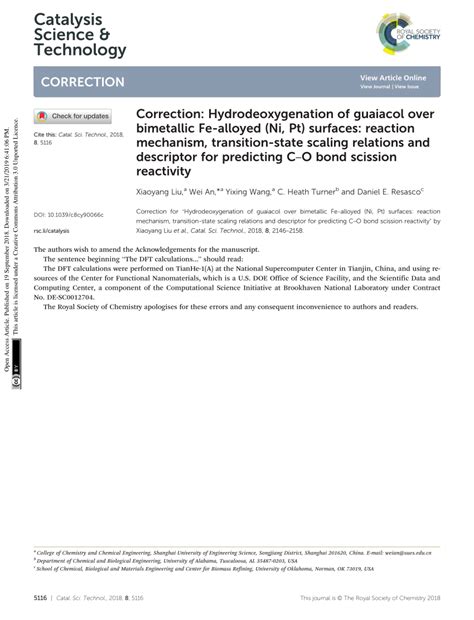 Pdf Correction Hydrodeoxygenation Of Guaiacol Over Bimetallic Fe Alloyed Ni Pt Surfaces