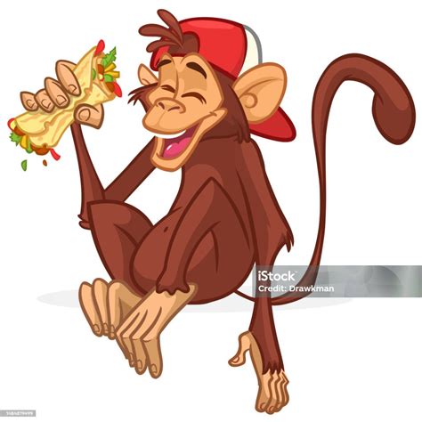 그의 손에 팔라 펠이나 케밥을 들고 만화 재미있는 원숭이 침팬지 고립된 행복한 원숭이 캐릭터 디자인의 벡터 그림 가공의 인물에 대한 스톡 벡터 아트 및 기타 이미지 Istock