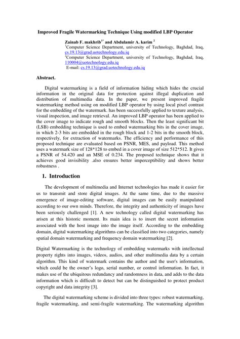 pdf improved fragile watermarking technique using modified lbp operator