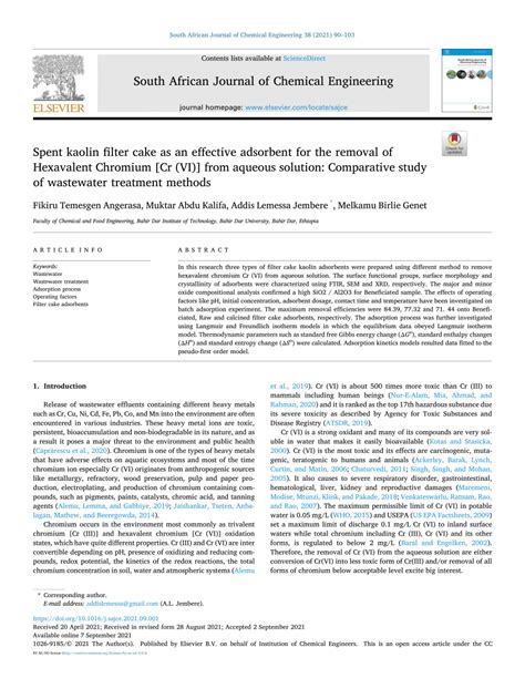 Pdf Spent Kaolin Filter Cake As An Effective Adsorbent For The Removal Of Hexavalent Chromium
