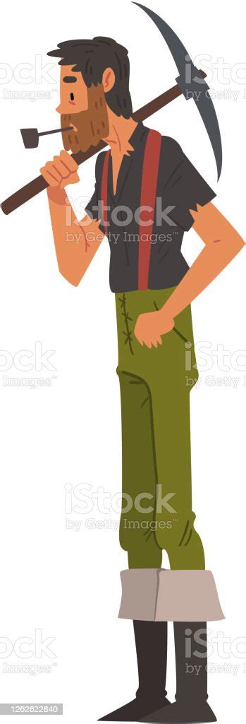 곡괭이 수염골드 광부 와일드 웨스트 캐릭터 빈티지 의류 흡연 파이프 만화 스타일 벡터 일러스트와 남성 전망대 곡괭이에 대한 스톡
