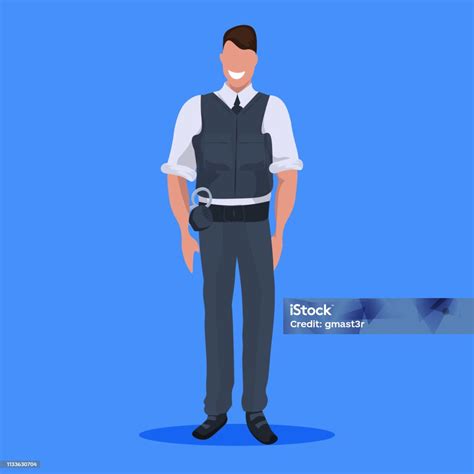 경찰 남자 장교 유니폼 남성 경찰 경비원 전문 직업 개념 만화 캐릭터 전체 길이 플랫 파란색 배경 개념에 대한 스톡 벡터 아트