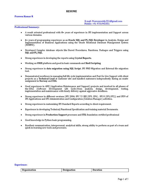 Resume Praveen R Oracle Sql Pl Sql Unix Shell Scripting 8 Yrs Exp Pdf Oracle