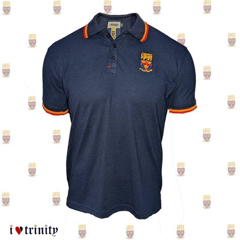 Mens Polo T Shirt Trinity College Full Crest With 2 Stripes Navy ‣ I
